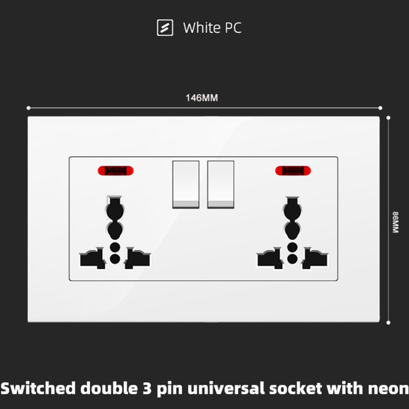 Switched double 3 pin universal socket with neon With Spray Painted Plastic White Plate